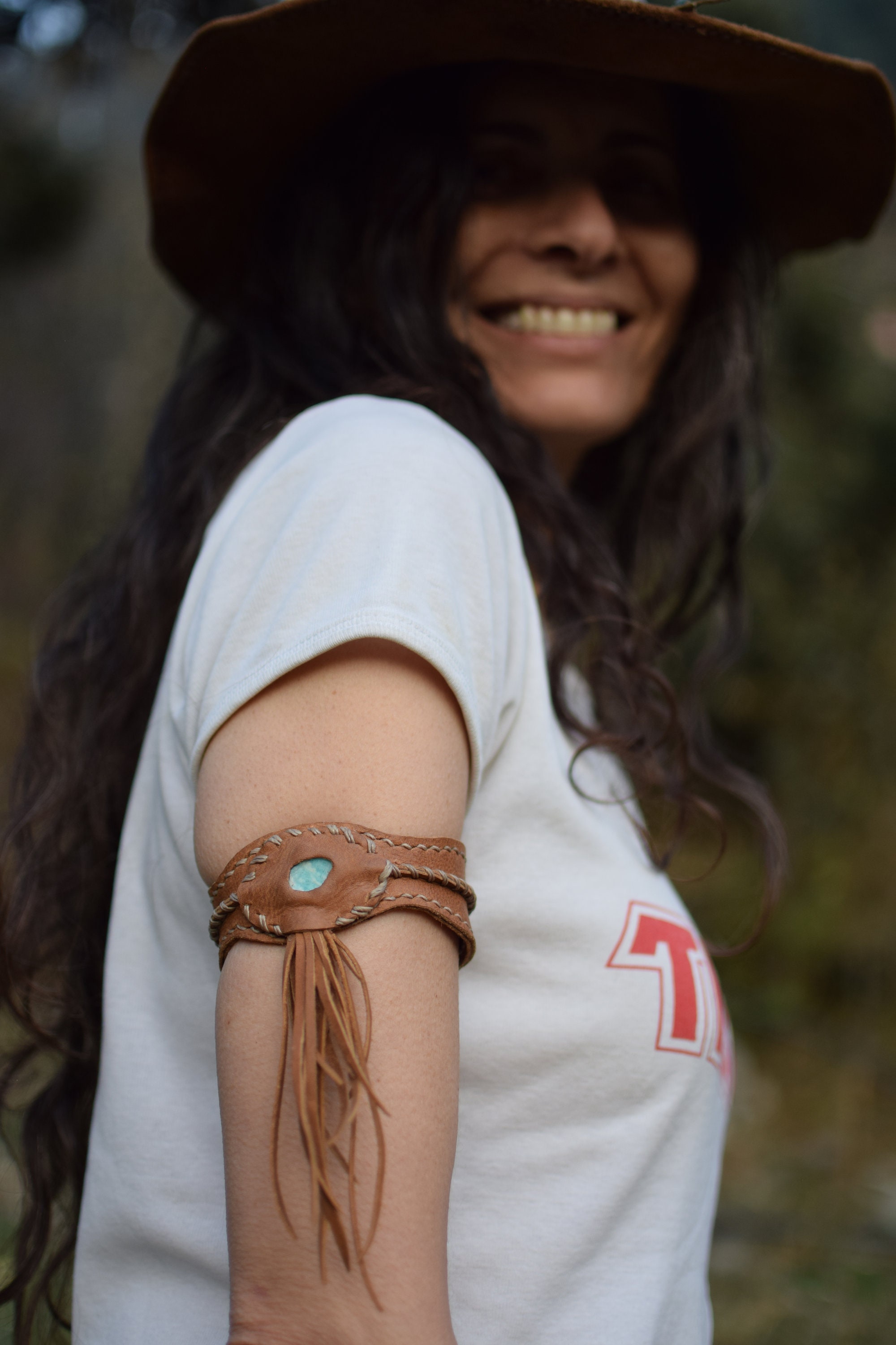 Upper Arm Bracelet, Boho Leather Cuff, Amazonite Armlet, Native ...