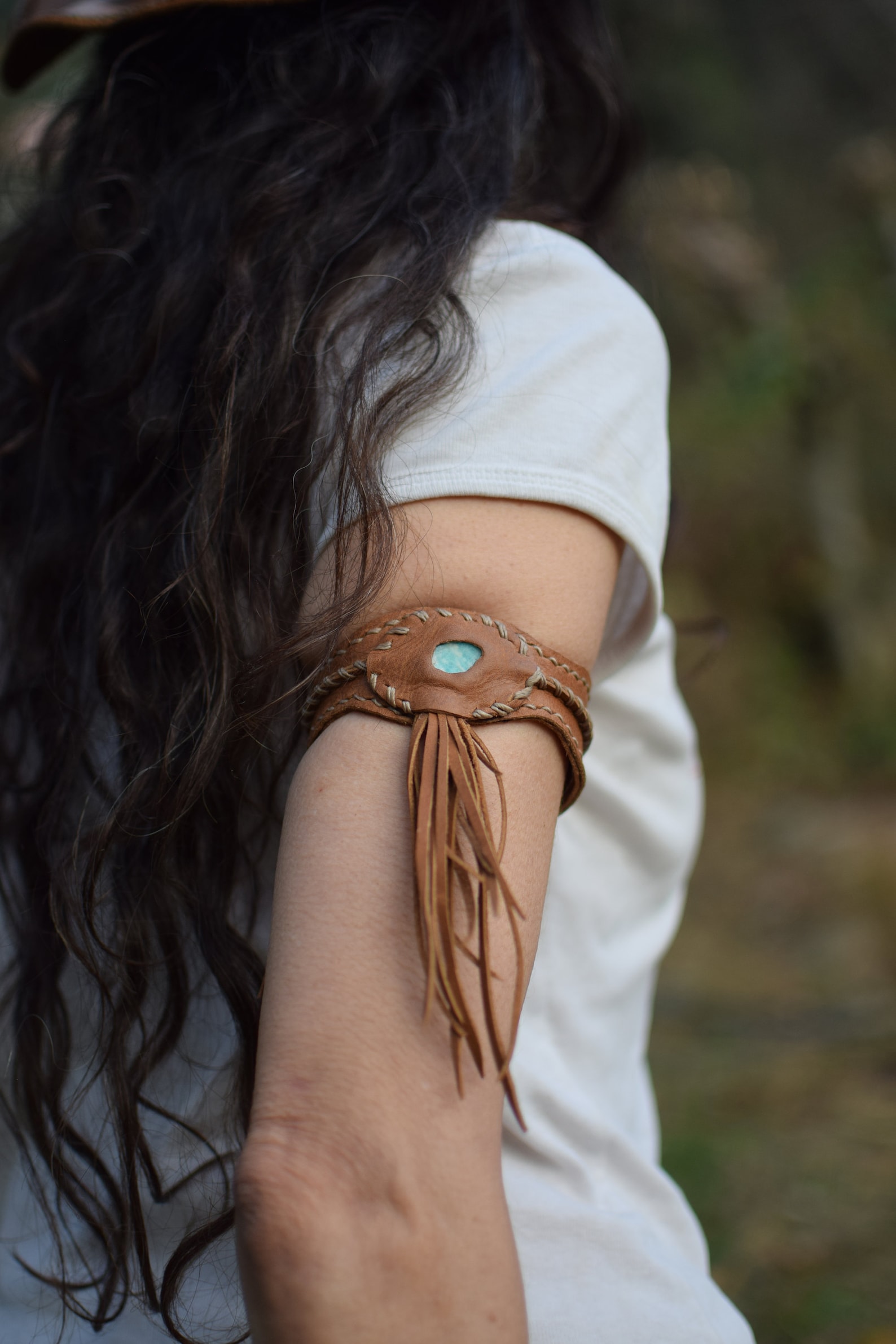 Upper Arm Bracelet, Boho Leather Cuff, Amazonite Armlet, Native ...