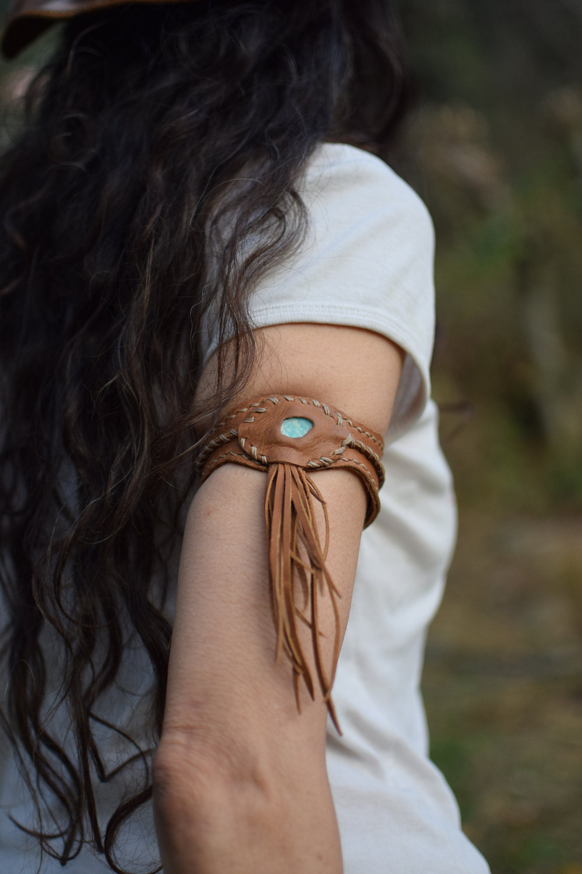 Upper Arm Bracelet, Boho Leather Cuff, Amazonite Armlet, Native ...