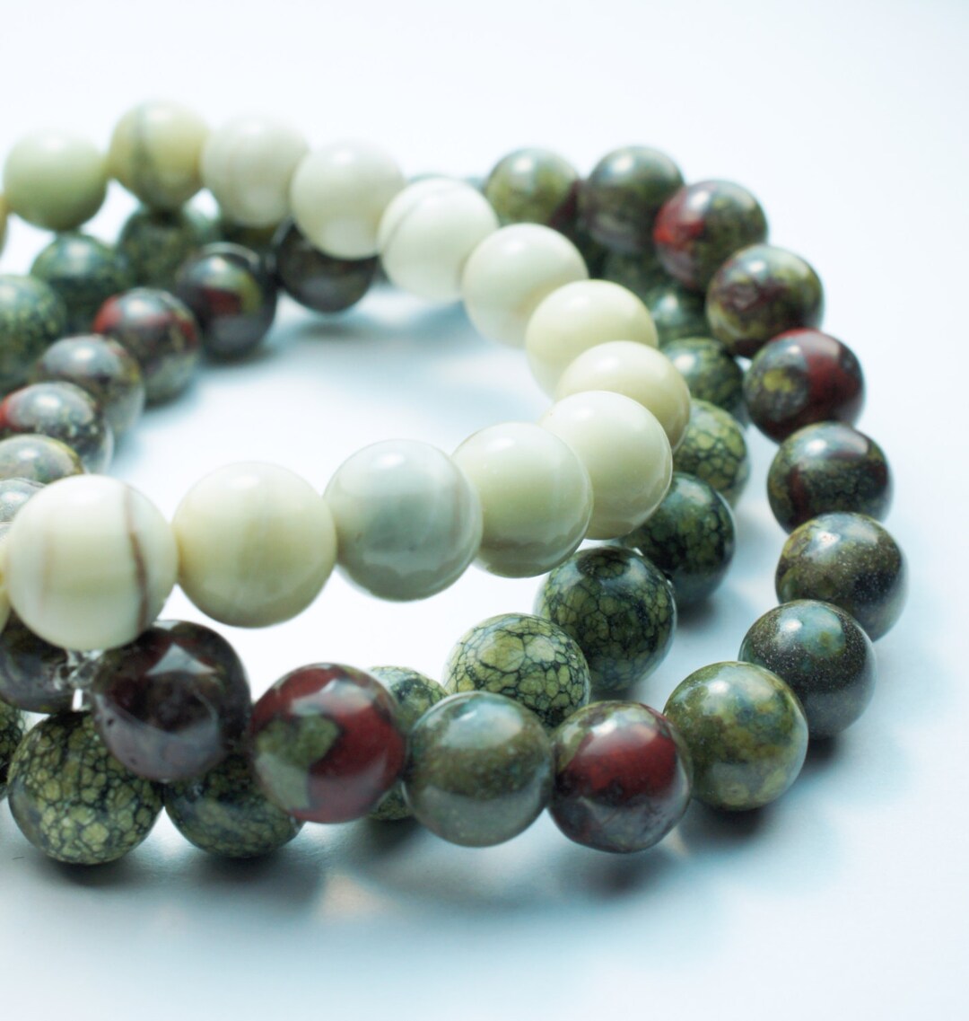 Green Jasper Natural Stone Bracelet Set . Snowflake Jasper . Snakeskin ...