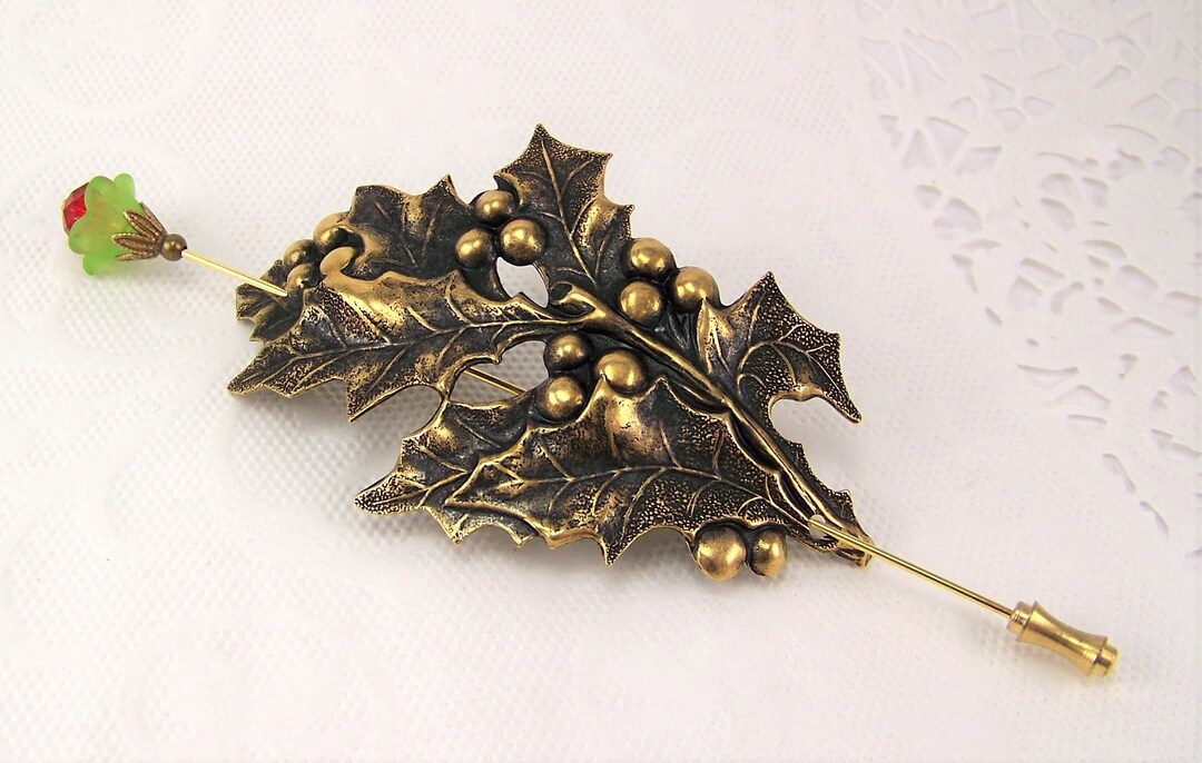 Holly Leaf Pin, Holly Sprig, Holly Pin, Shawl Pin Scarf Pin, Sweater ...