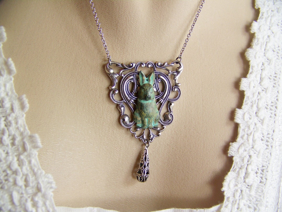 Rabbit Necklace, Bunny Necklace, Verdigris Rabbit, Filigree Necklace ...