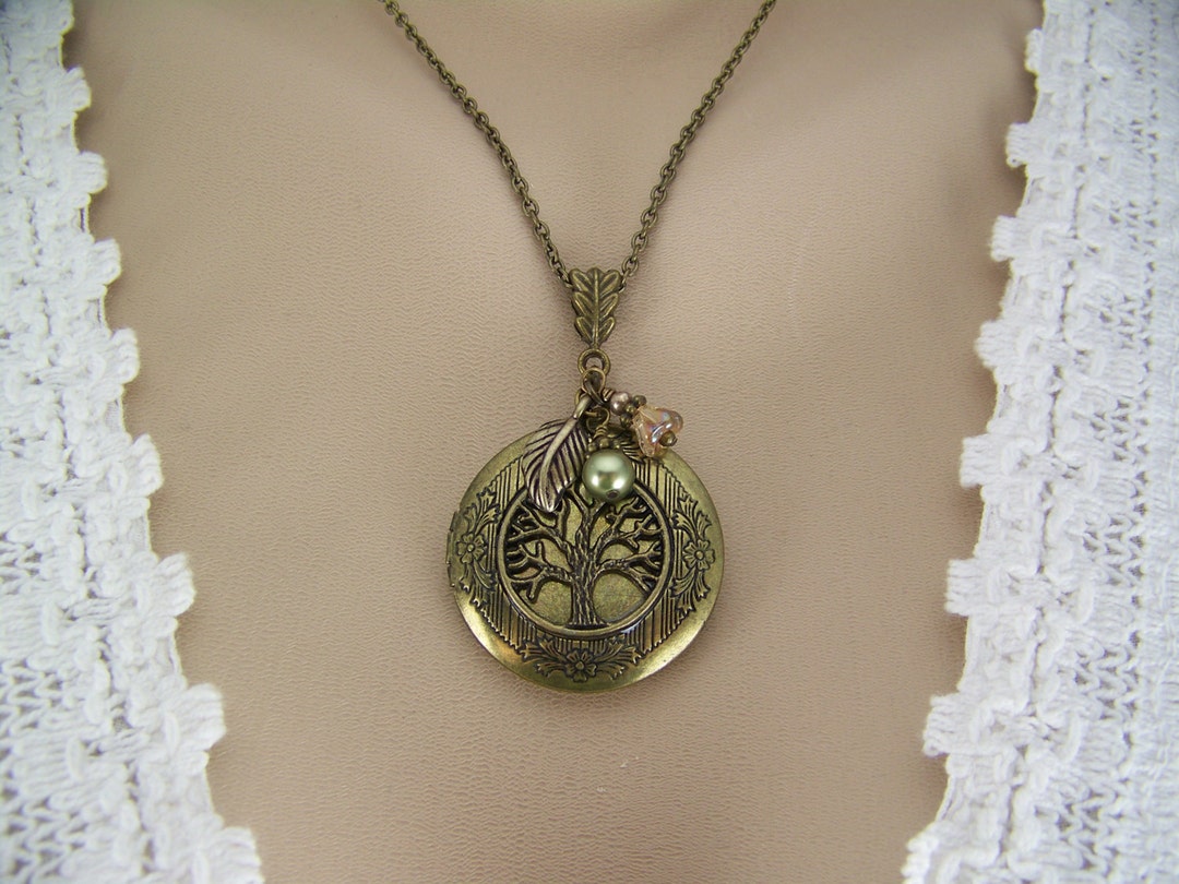 Tree of Life Locket, Olive Crystal Pearl, Bronze Czech Flower, Bronze ...