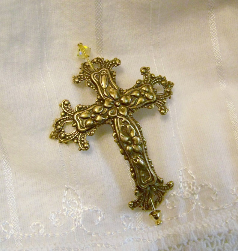 Cross Pin, Shawl Pin, Scarf Pin, Sweater Pin, Crucifix Pin, Flowered ...