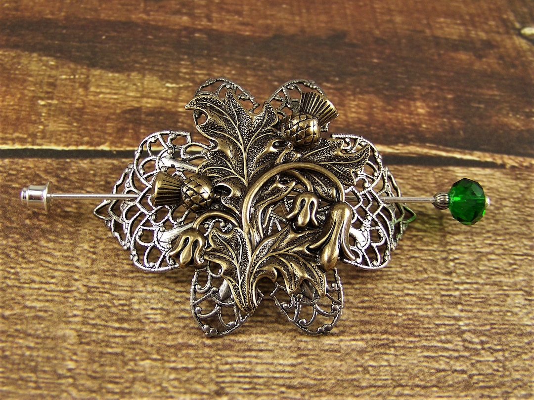 Thistle Pin, Shawl Pin, Scottish Pin, Filigree Cartouche, Sweater Pin ...