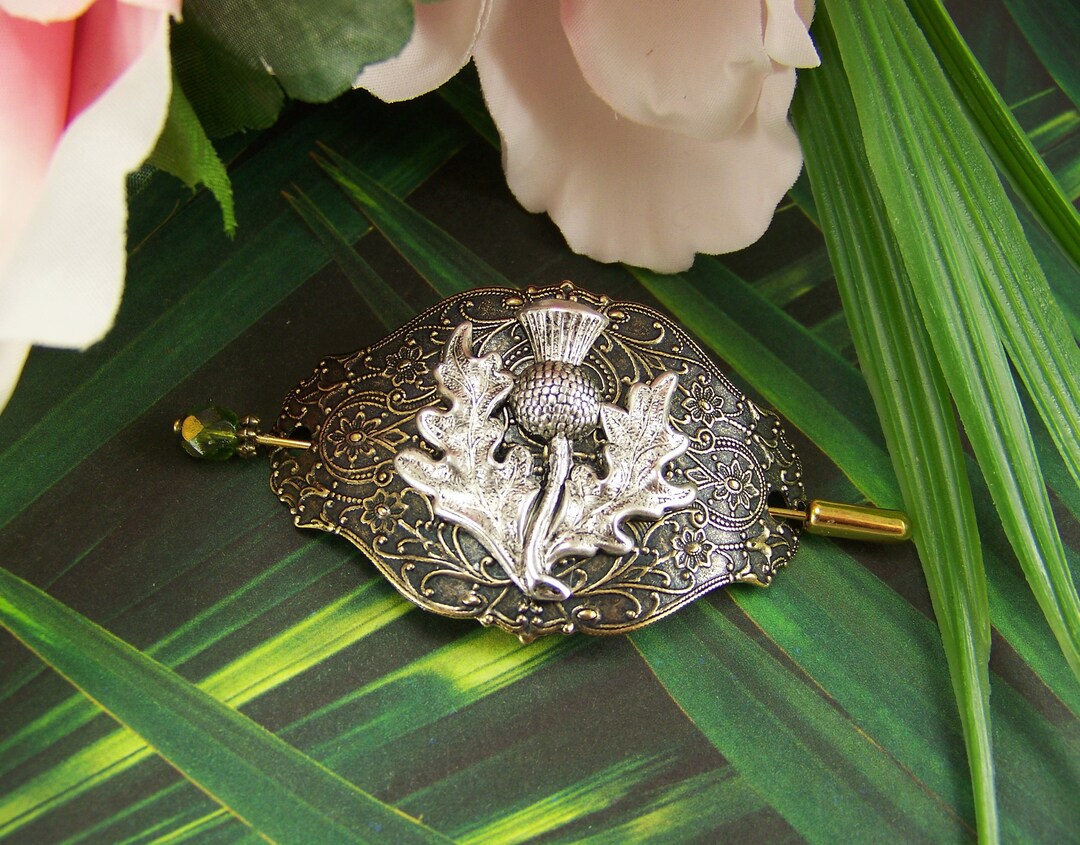 Thistle Pin, Shawl Pin, Scottish Pin, Embossed Cartouche, Sweater Pin ...