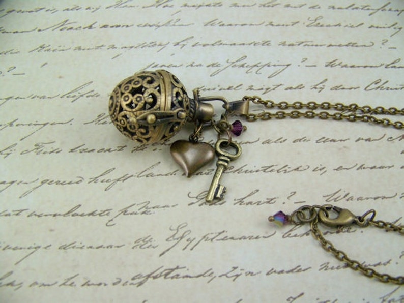 Prayer Locket, Magic Box Necklace, Filigreed Ball, Key Charm, Amethyst ...
