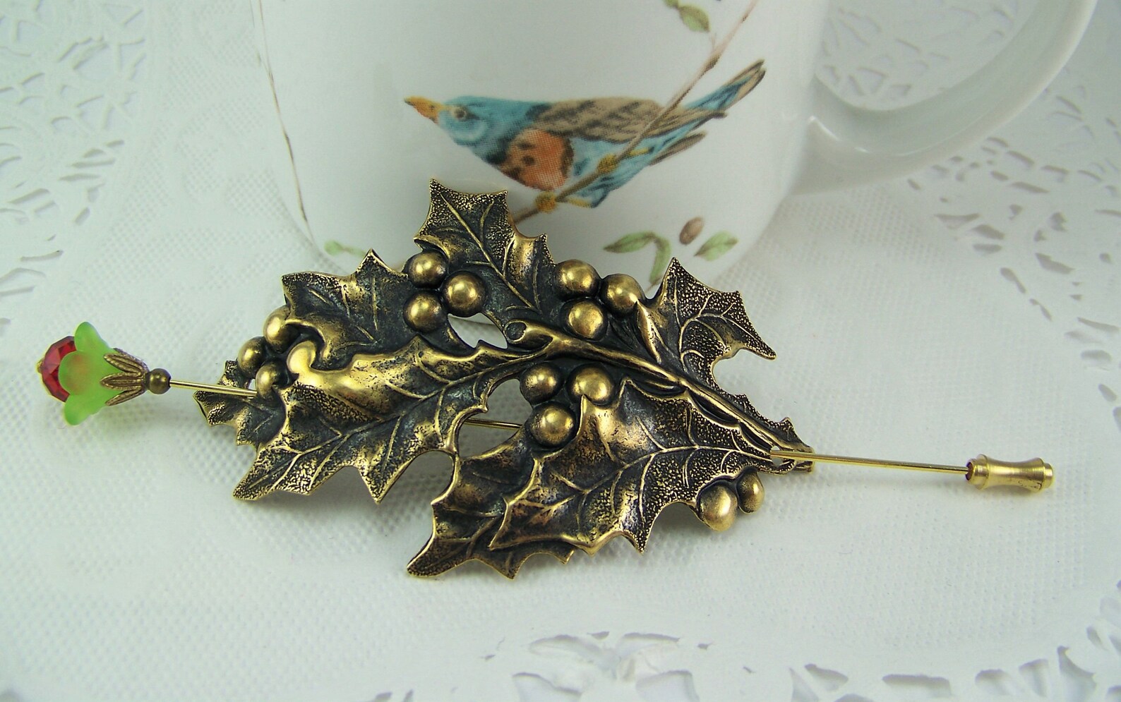 Holly Leaf Pin, Holly Sprig, Holly Pin, Shawl Pin Scarf Pin, Sweater ...