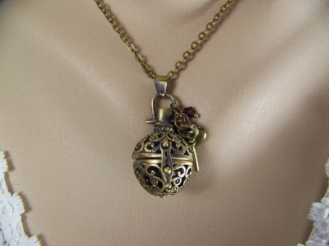 Prayer Locket, Magic Box Necklace, Filigreed Ball, Key Charm, Amethyst ...
