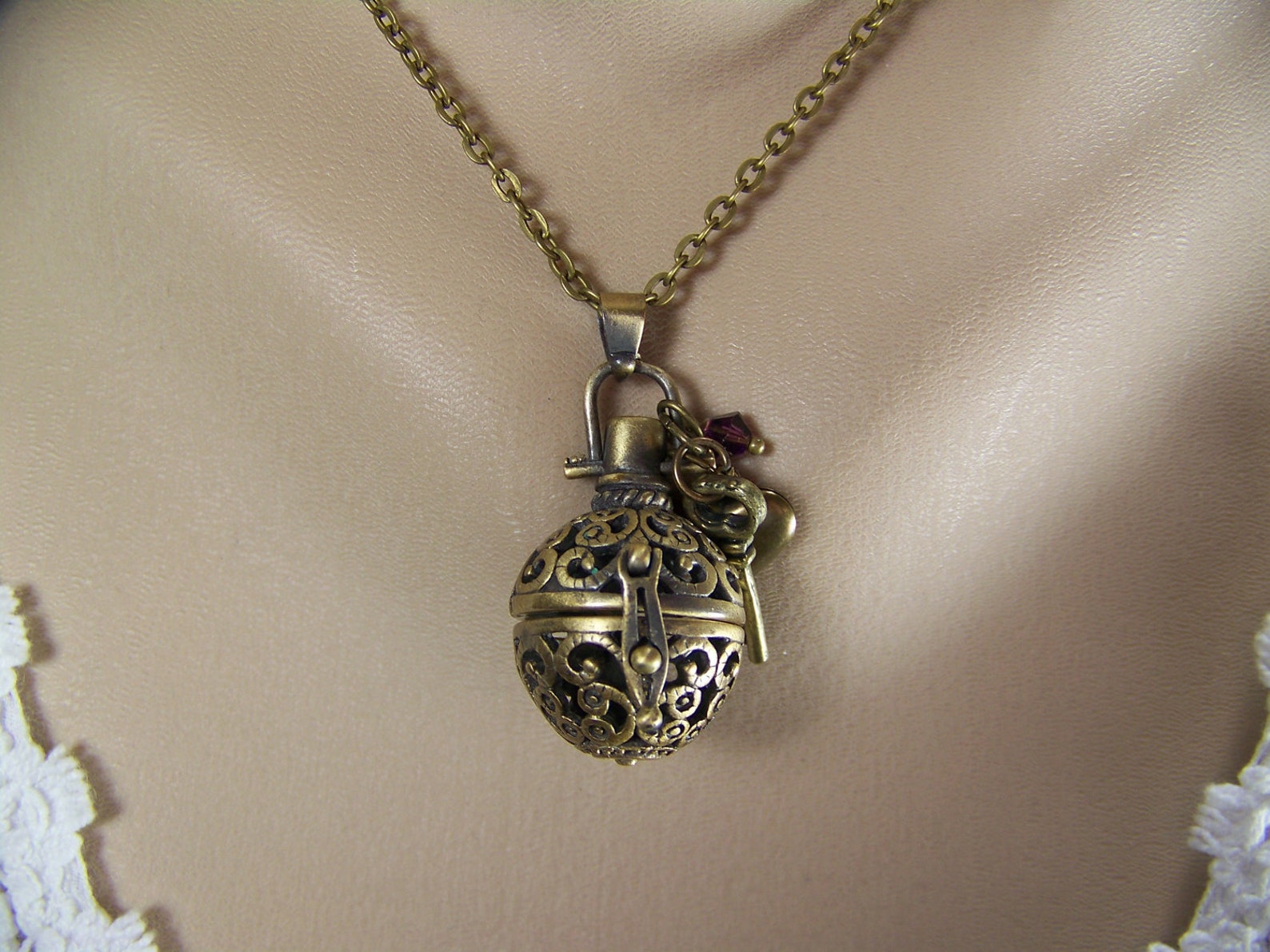 Magic Box Locket, Filigreed Magic Box, Gold Heart, Key Charm, Amethyst ...
