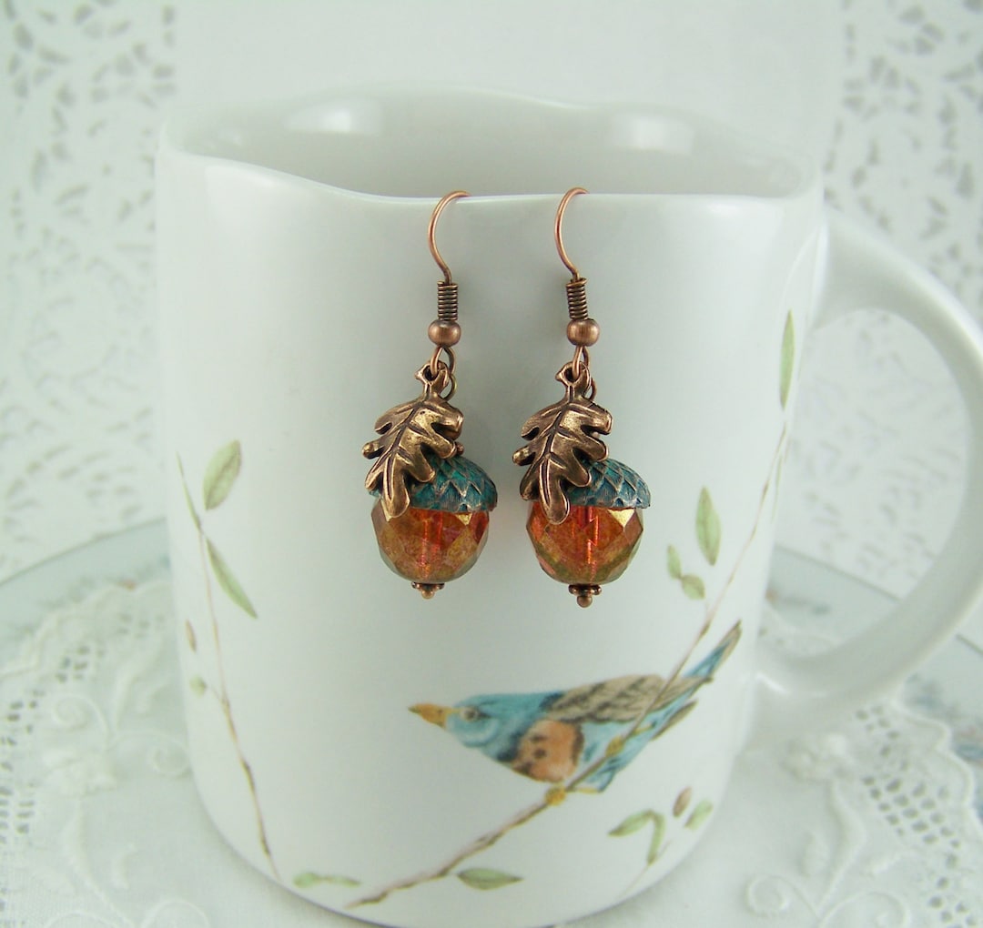 Crystal Acorn Earrings, Copper Verdigris Oak Leaf Acorn Earrings ...