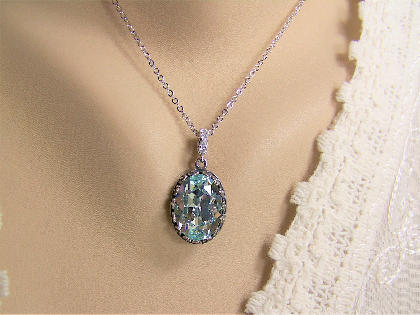 Azure Blue Necklace, Aquamarine Crystal Necklace, Crystal Azore Crystal ...