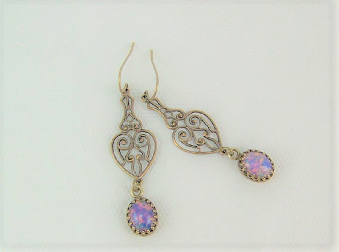 Fire Opal Earrings, Filigree Opal Earrings, Glass Opals, Crown Set ...