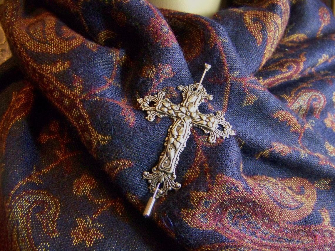 Cross Scarf Pin, Shawl Pin, Flower Cross, Cross Pin, Ornate Cross Pin ...