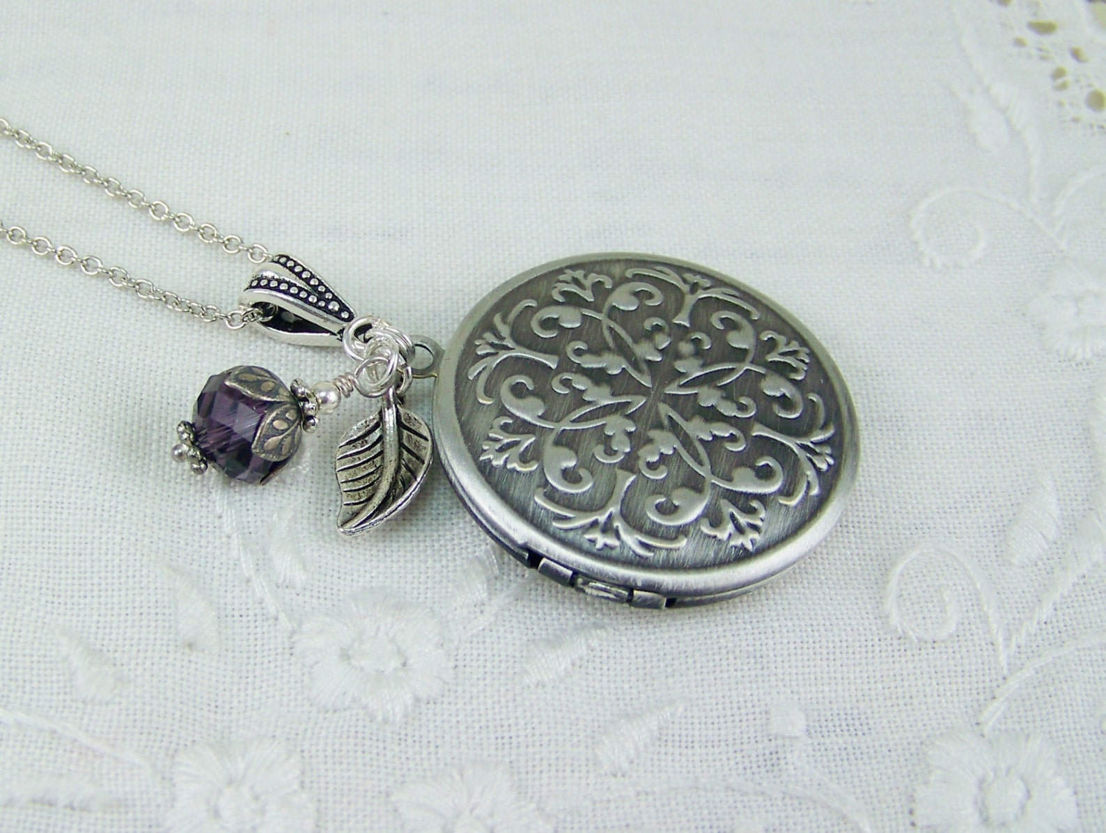 Silver Embossed Locket, Amethyst Locket, Scrolled Designed Locket ...