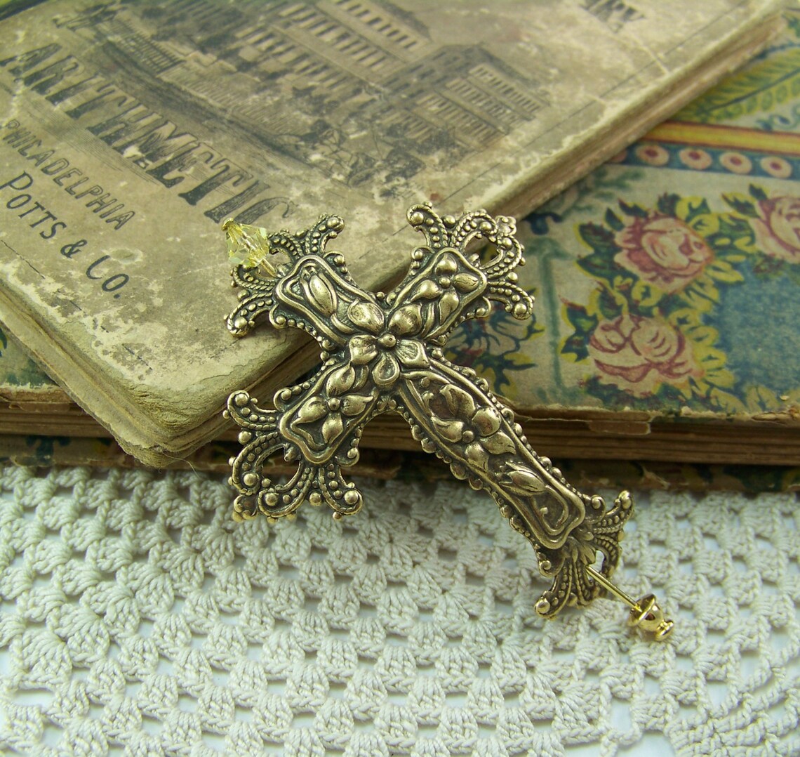 Cross Pin, Shawl Pin, Scarf Pin, Sweater Pin, Crucifix Pin, Flowered ...