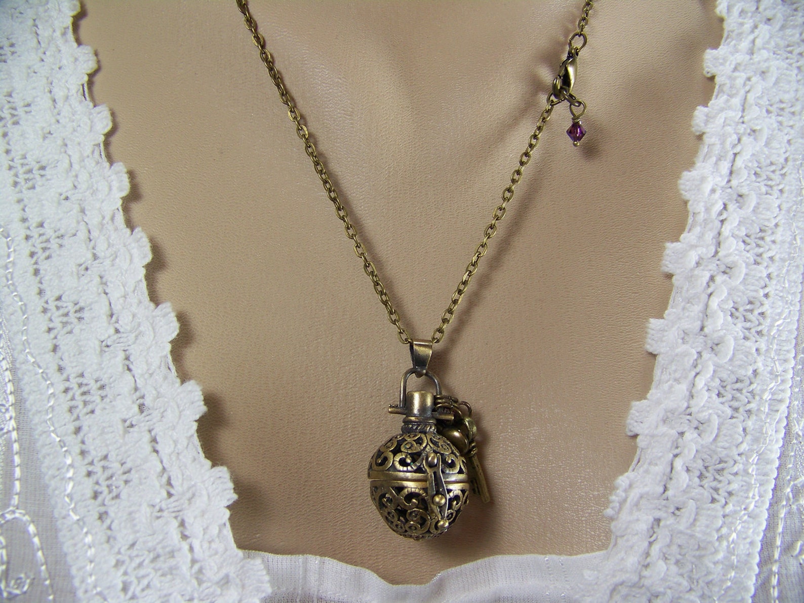 Prayer Locket, Magic Box Necklace, Filigreed Ball, Key Charm, Amethyst ...