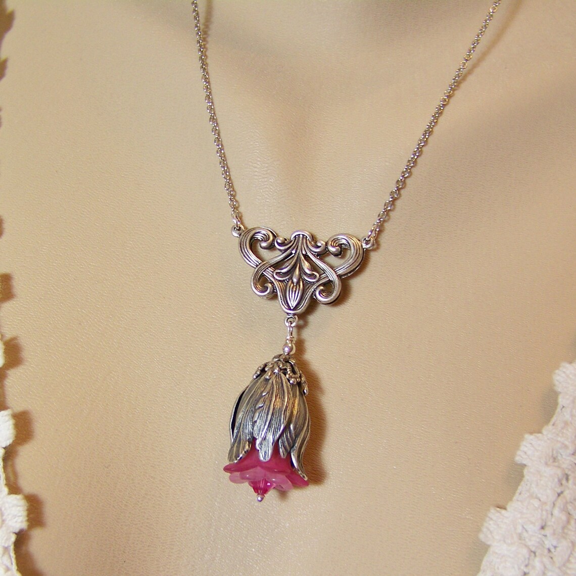 Tulip Flower Necklace, Parrot Tulip, Pink Zircon Necklace, Pink Crystal ...