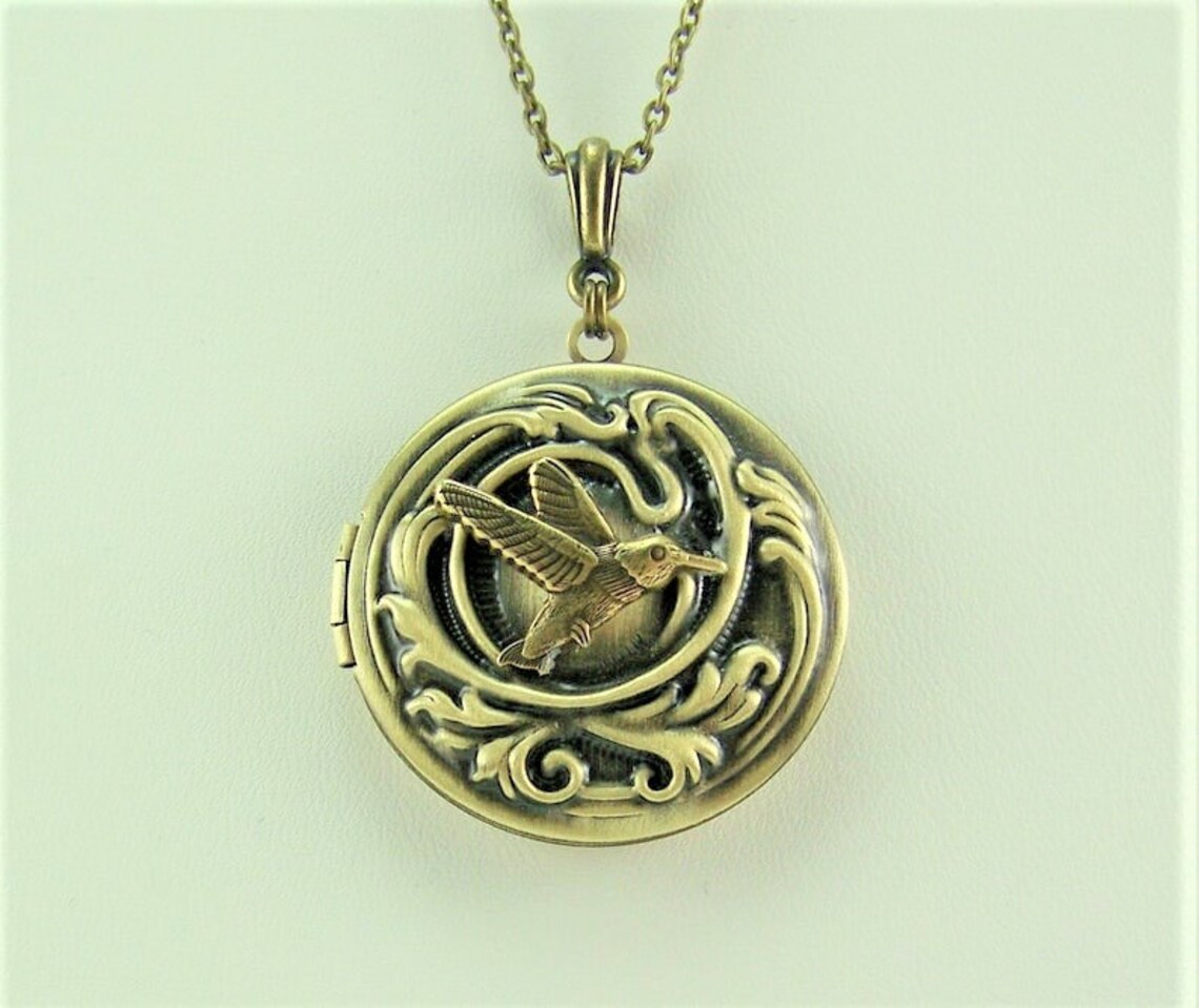 Hummingbird Locket Embossed Locket Gold Locket Bird Locket | Etsy