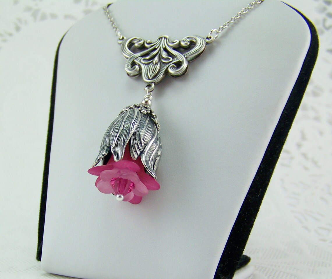 Tulip Flower Necklace, Parrot Tulip, Pink Zircon Necklace, Pink Crystal ...