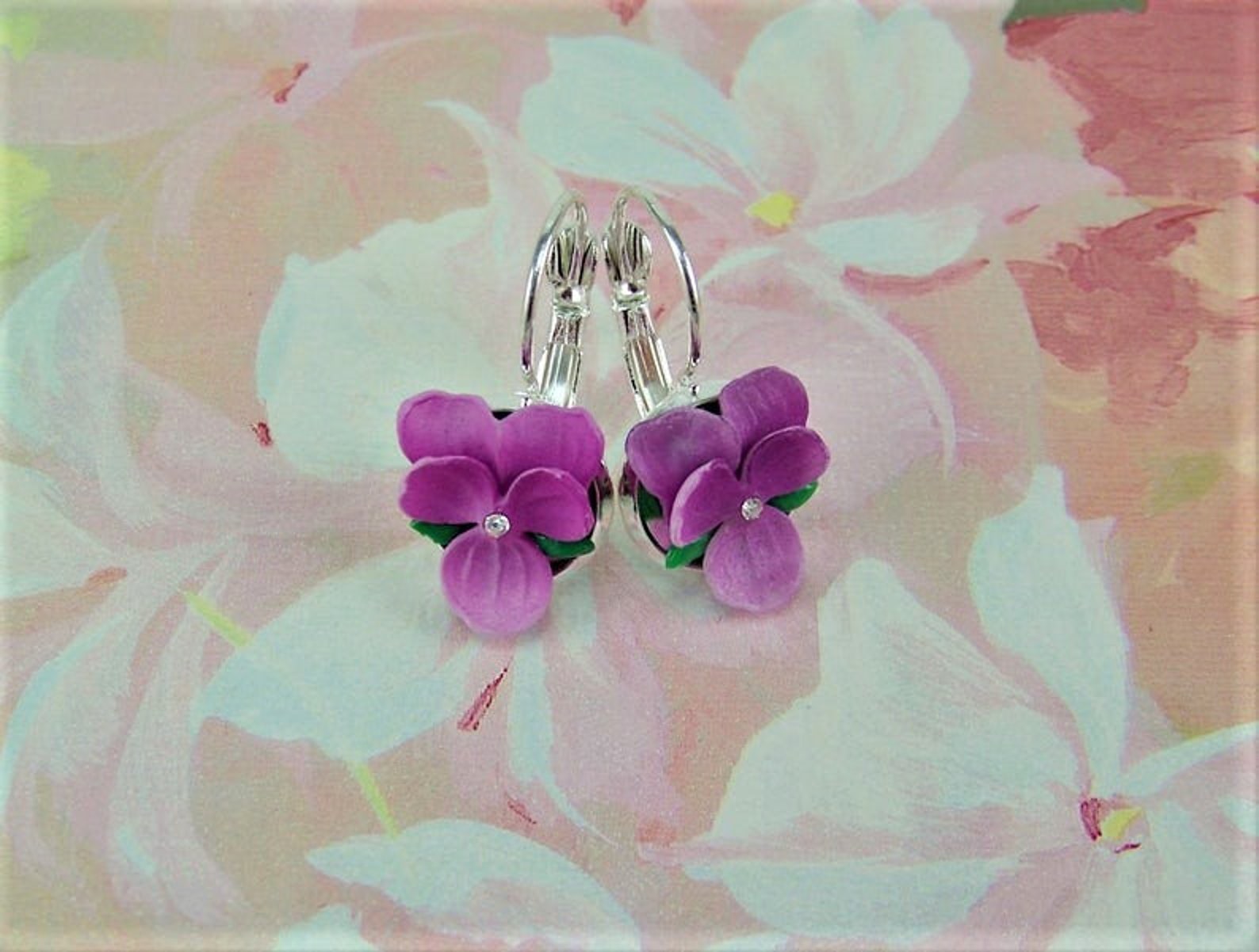 Violet Flower Earrings, Green Violets, Pansy Earrings, Violet Earrings ...