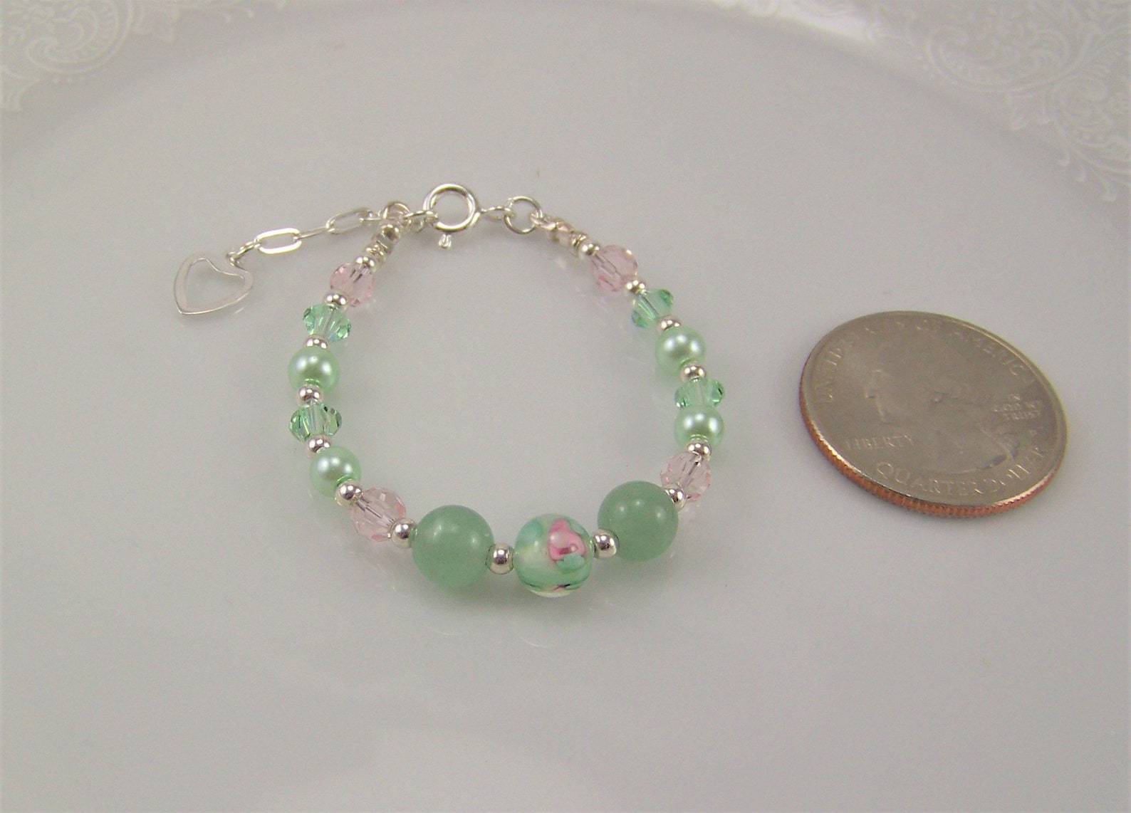 Baby girl bracelet Green crystal bracelet Rose lampwork | Etsy
