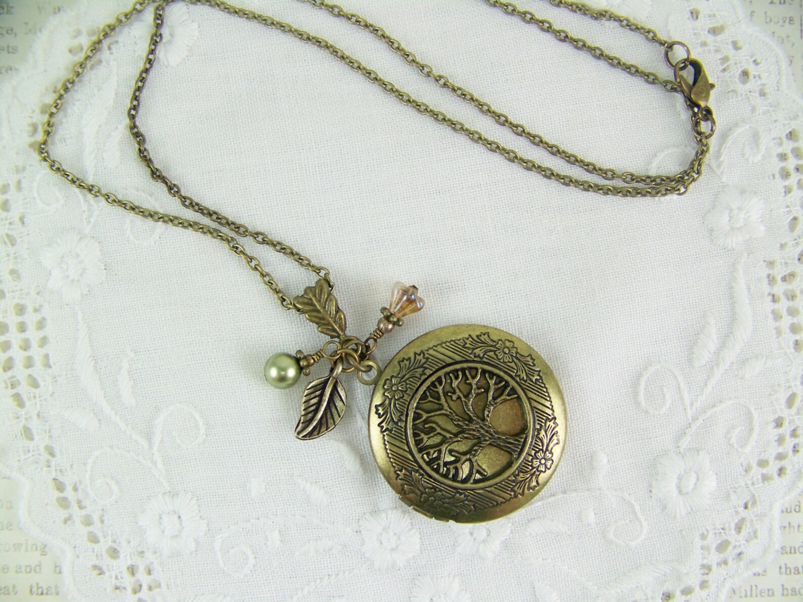 Tree of Life Locket, Olive Crystal Pearl, Bronze Czech Flower, Bronze ...