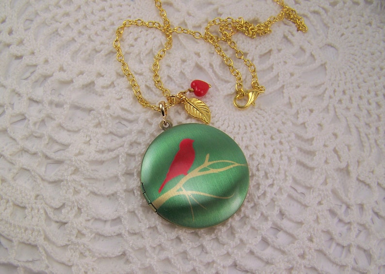 Bird Locket Cardinal Necklace Red Bird Locket Green Locket - Etsy