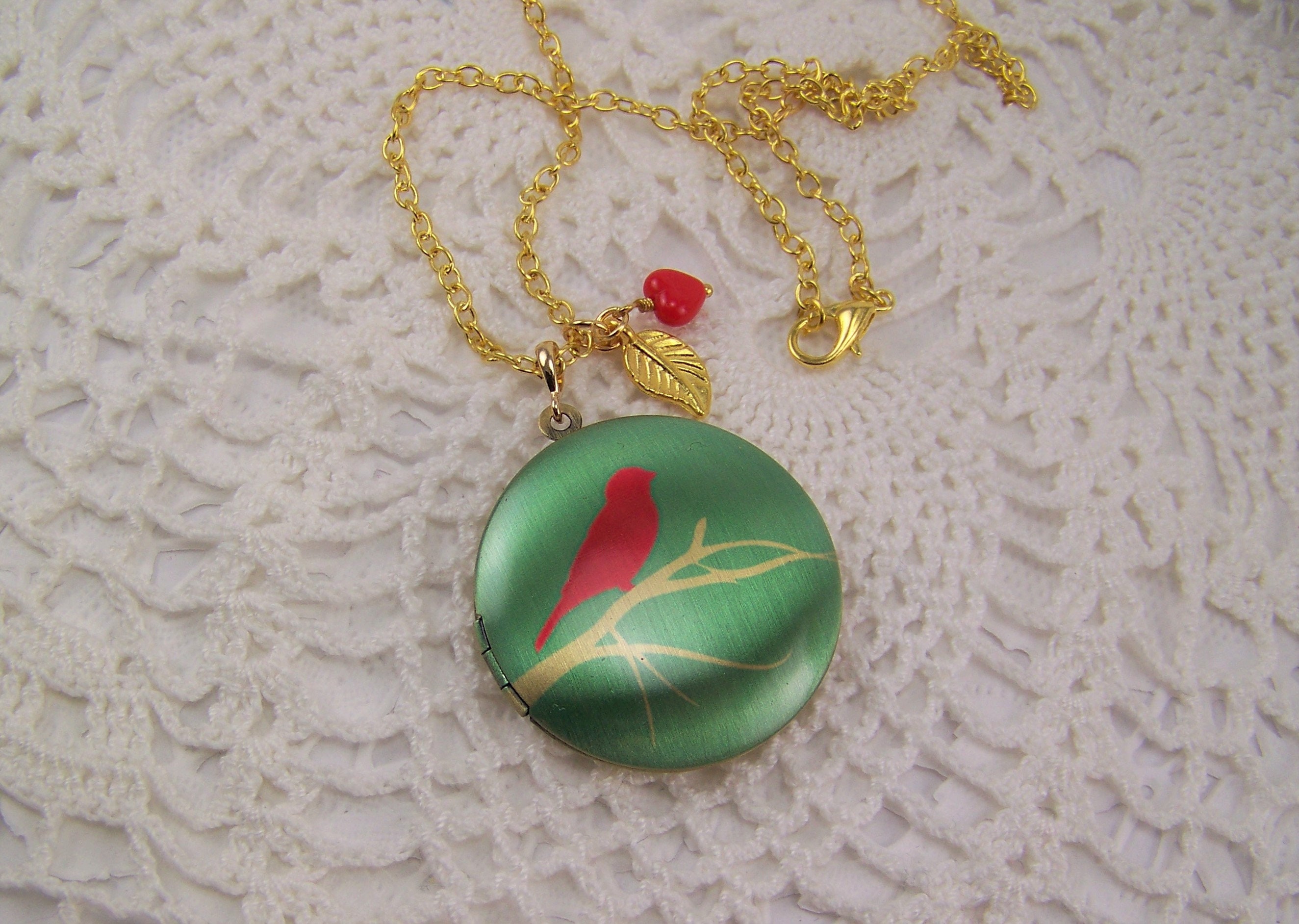Bird Locket Cardinal Necklace Red Bird Locket Green Locket | Etsy