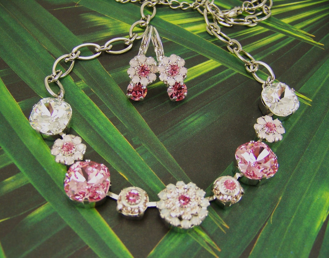 Light Rose Crystal Necklace Earrings Set, Cup Chain Necklace, Pink ...