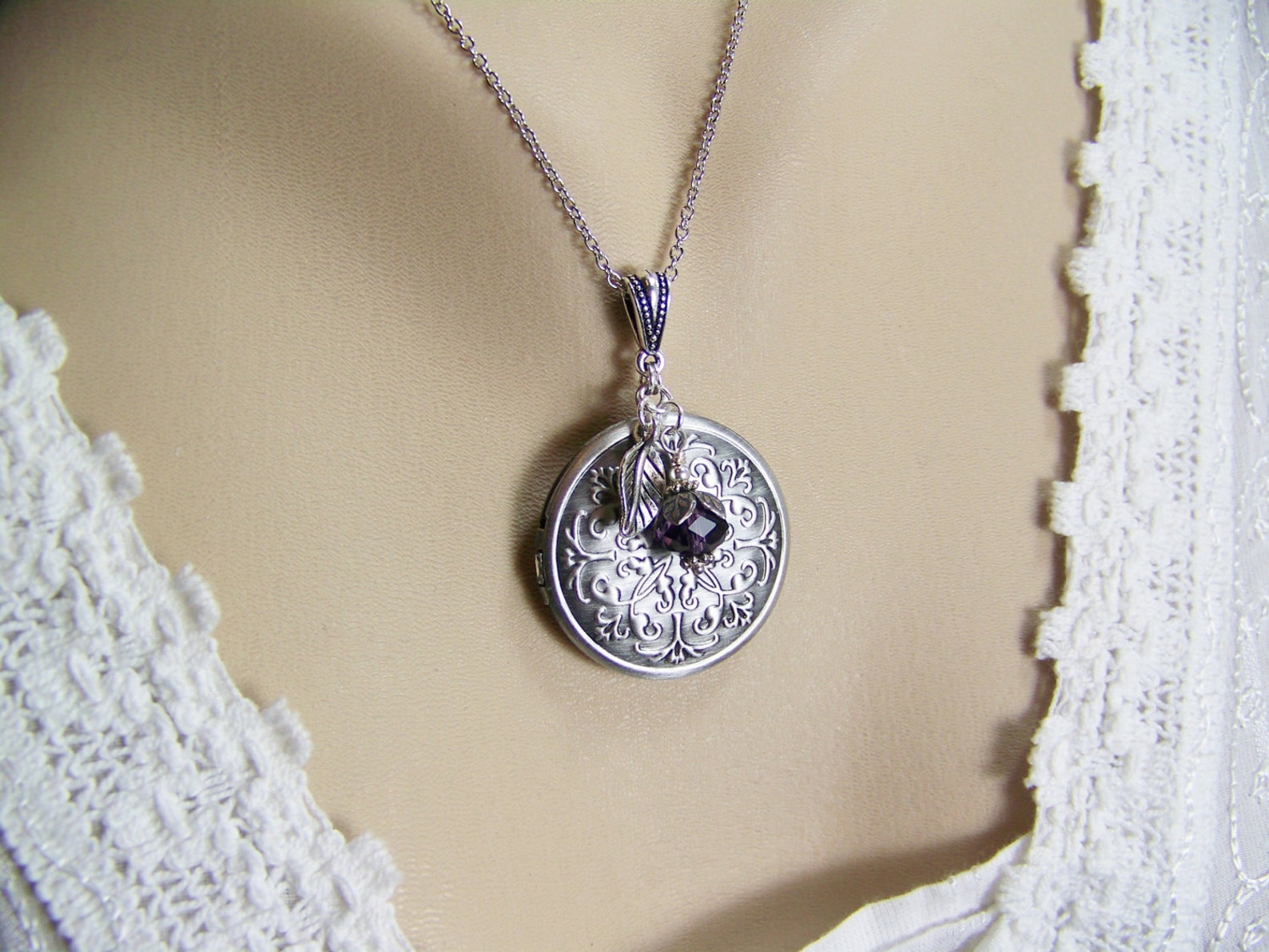 Silver Embossed Locket, Amethyst Locket, Scrolled Designed Locket ...