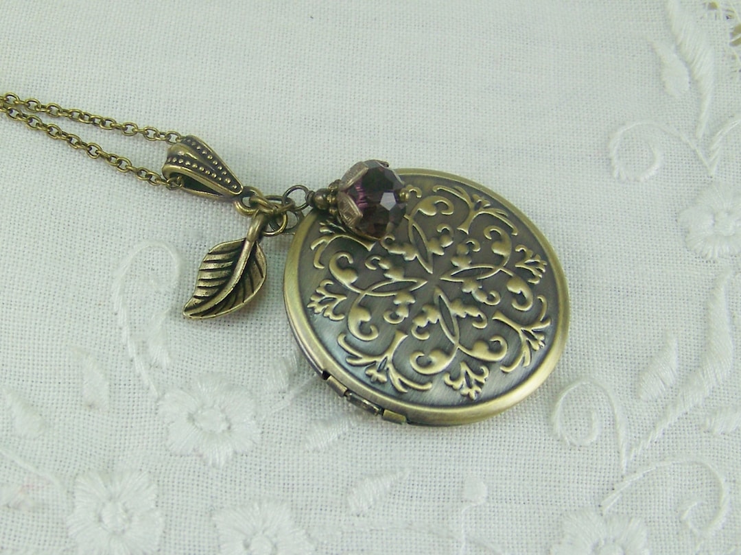 Bronze Embossed Locket, Amethyst Locket, Scrolled Design Locket ...