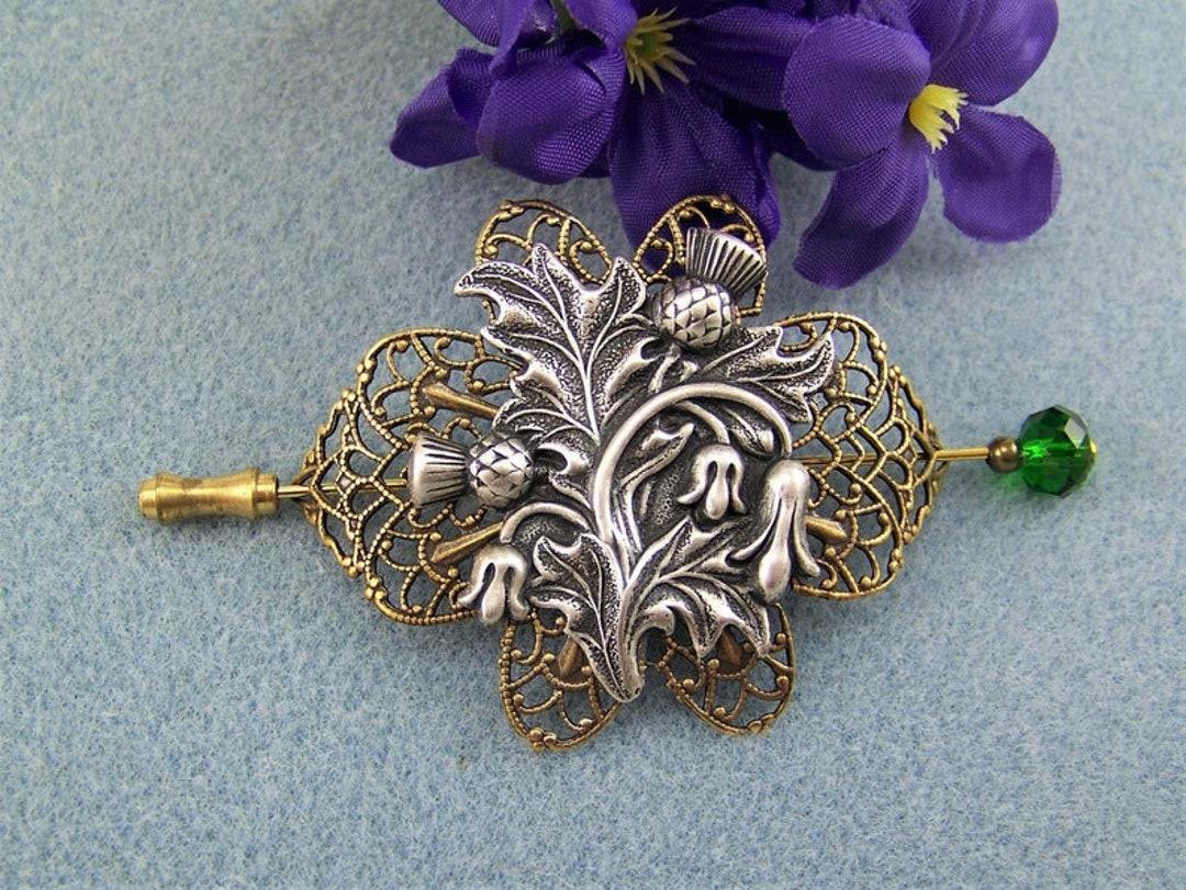 Thistle Pin, Shawl Pin, Scottish Pin, Filigree Cartouche, Sweater Pin ...
