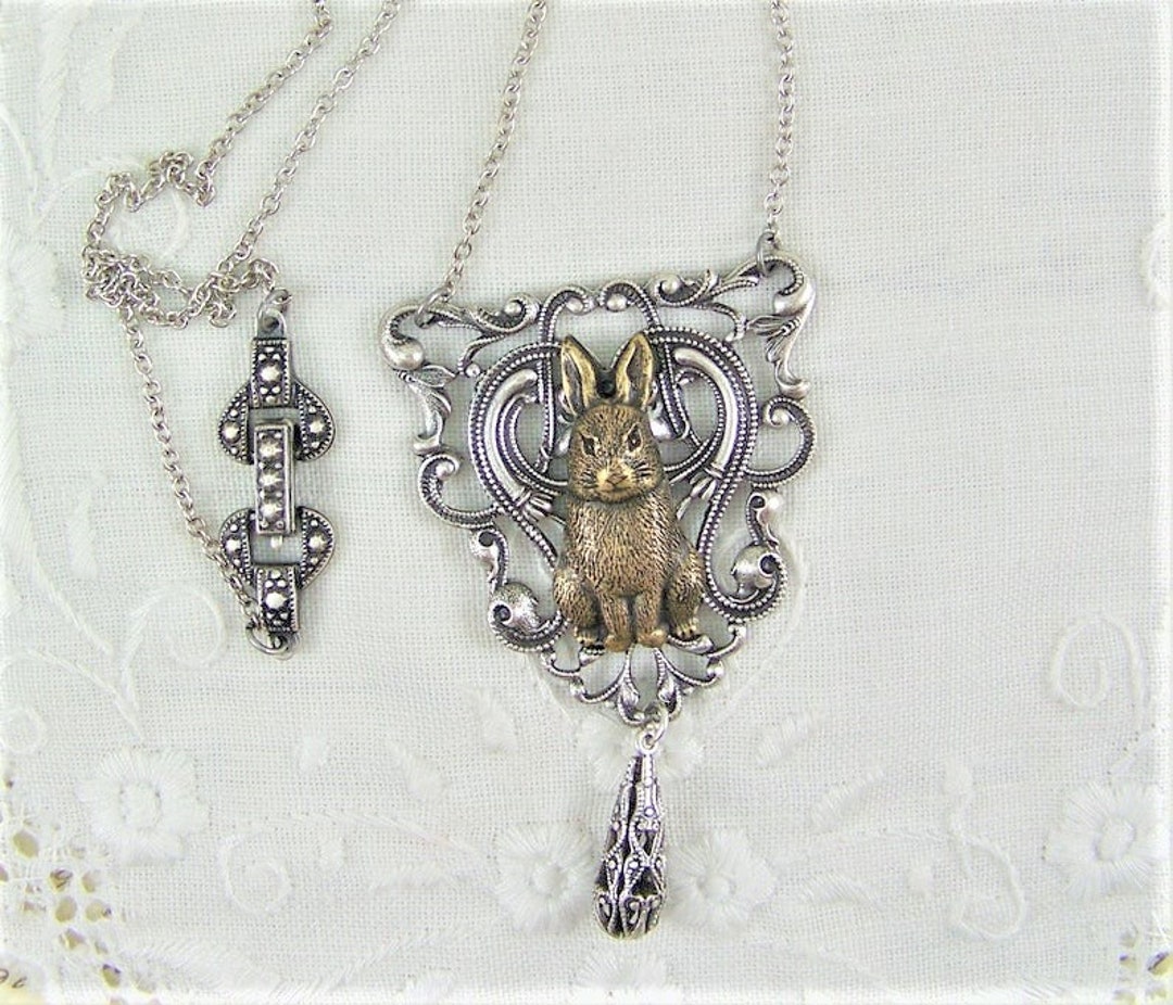 Rabbit Necklace, Bunny Necklace, Bronze Rabbit, Silver Filigree ...