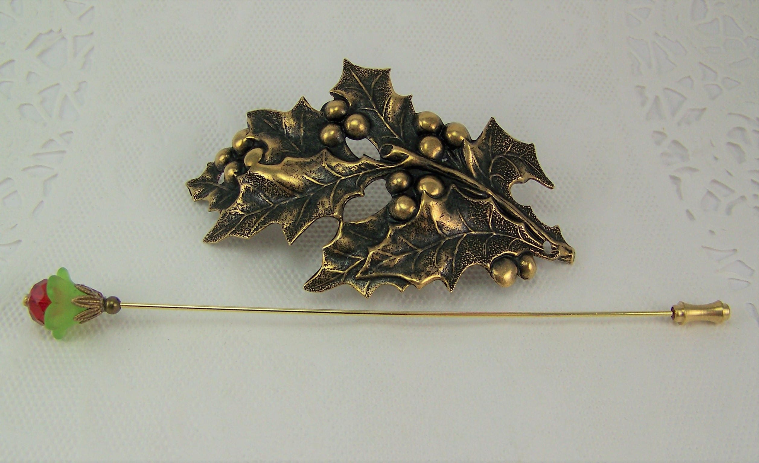 Holly Leaf Pin, Holly Sprig, Holly Pin, Shawl Pin Scarf Pin, Sweater ...
