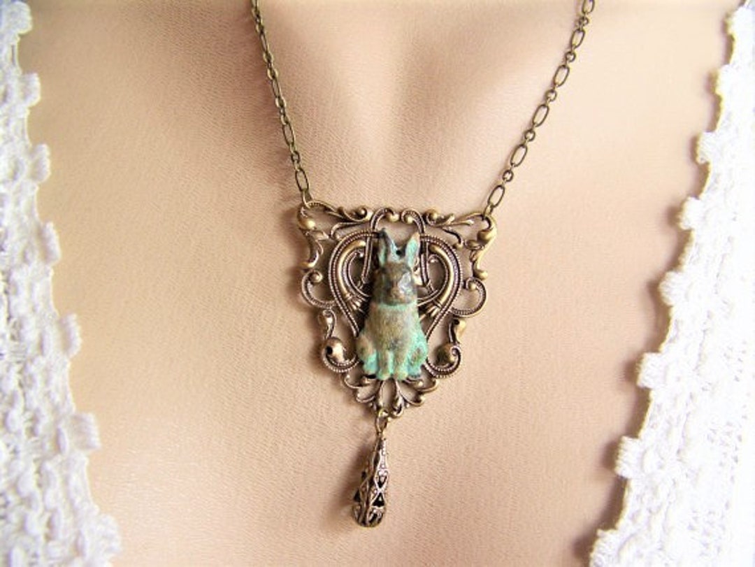 Rabbit Necklace, Bunny Necklace, Verdigris Rabbit, Filigree Necklace ...