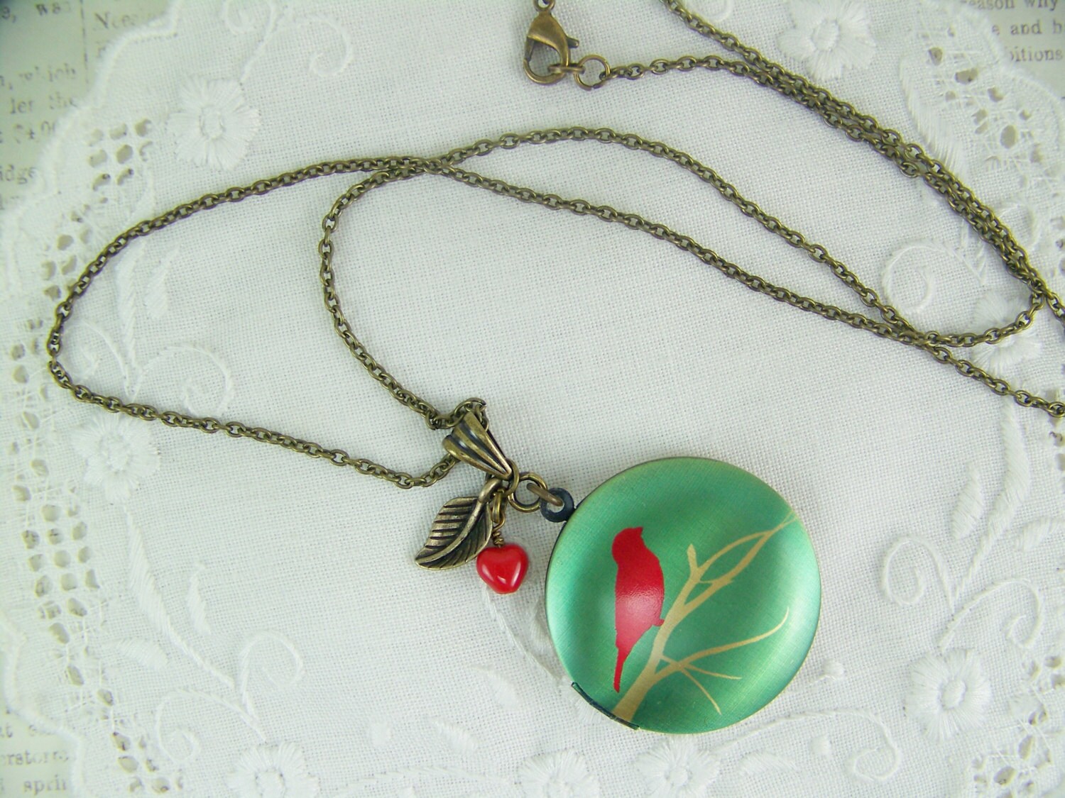 Bird Locket Cardinal Necklace Red Bird Locket Green Locket | Etsy