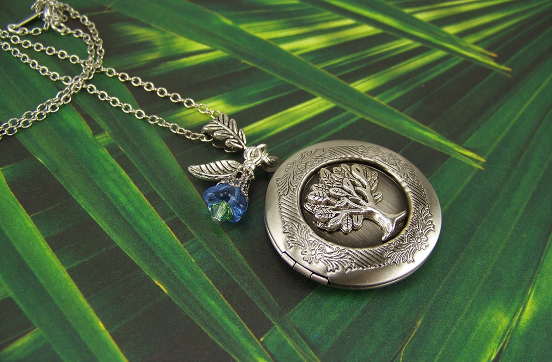 Silver Tree of Life Locket, Blue Czech Flower, Forget Me Not, Keepsake ...