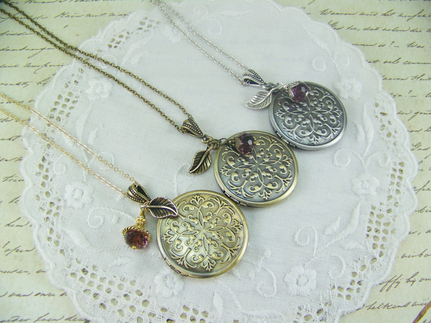 Silver Embossed Locket, Amethyst Locket, Scrolled Designed Locket ...