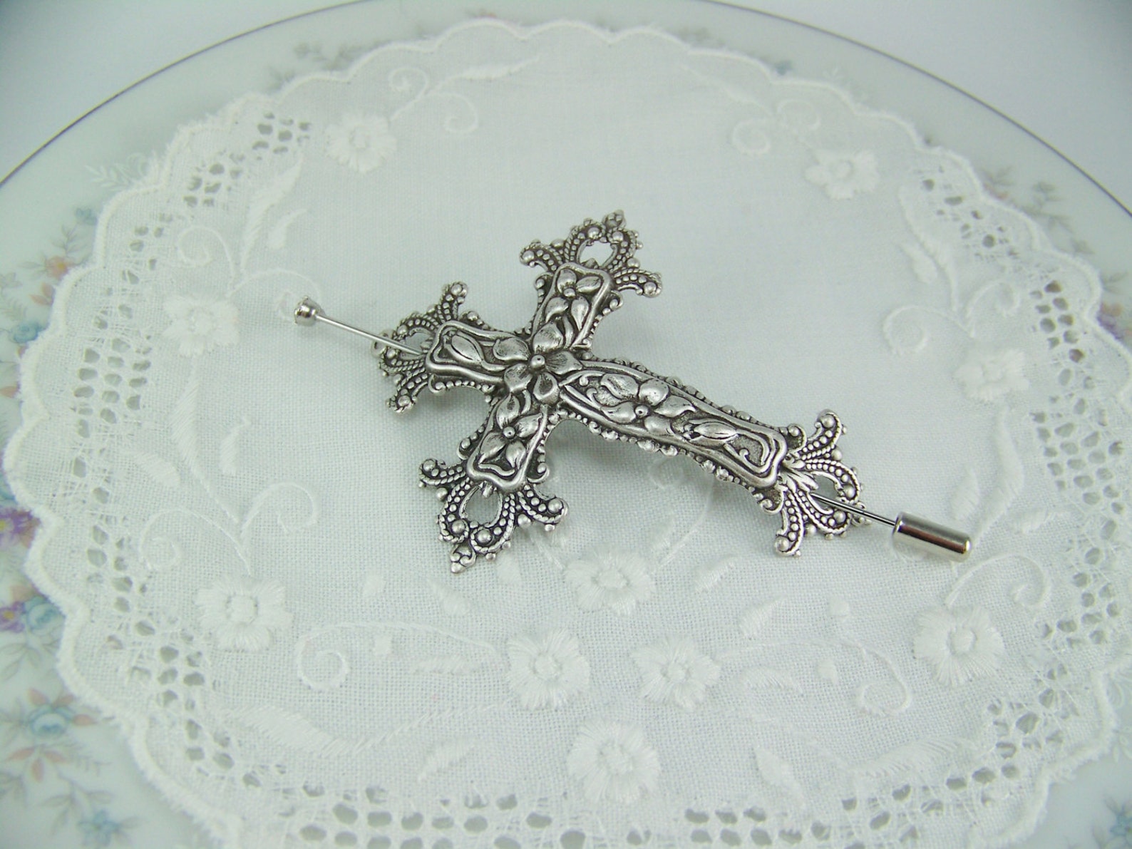 Cross Scarf Pin, Shawl Pin, Flower Cross, Cross Pin, Ornate Cross Pin ...