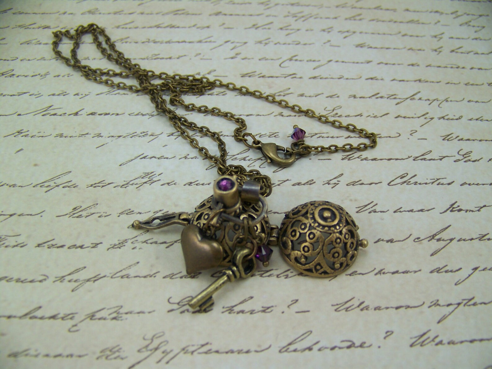Prayer Locket, Magic Box Necklace, Filigreed Ball, Key Charm, Amethyst ...