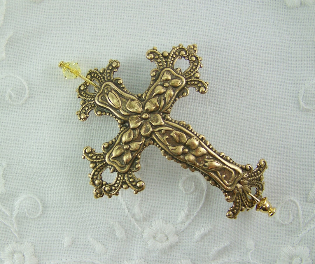 Cross Pin, Shawl Pin, Scarf Pin, Sweater Pin, Crucifix Pin, Flowered ...