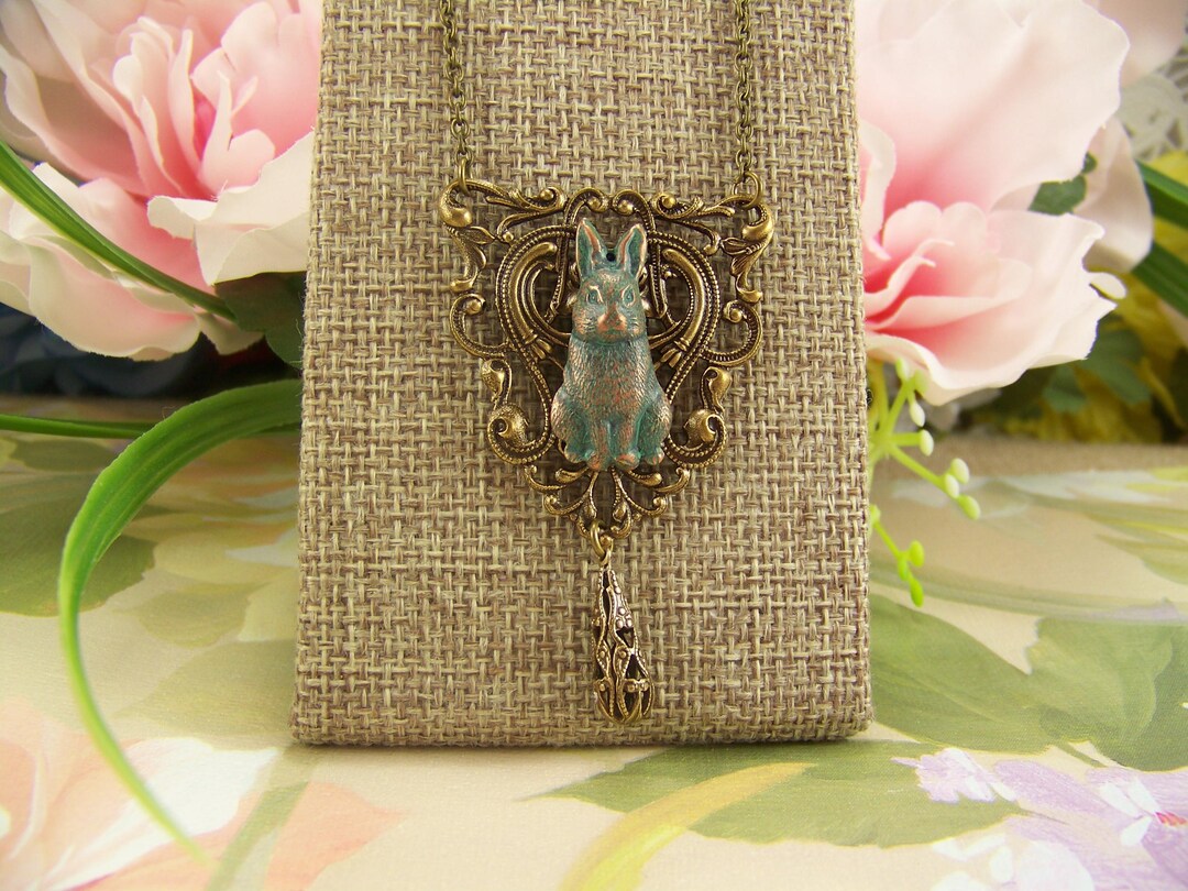 Rabbit Necklace, Bunny Necklace, Verdigris Rabbit, Filigree Necklace ...