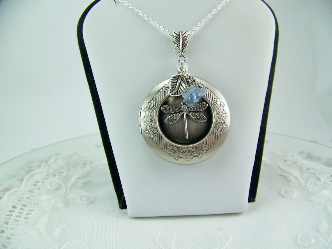 Dragonfly Locket Czech Flower and Silver Leaf Keepsake | Etsy