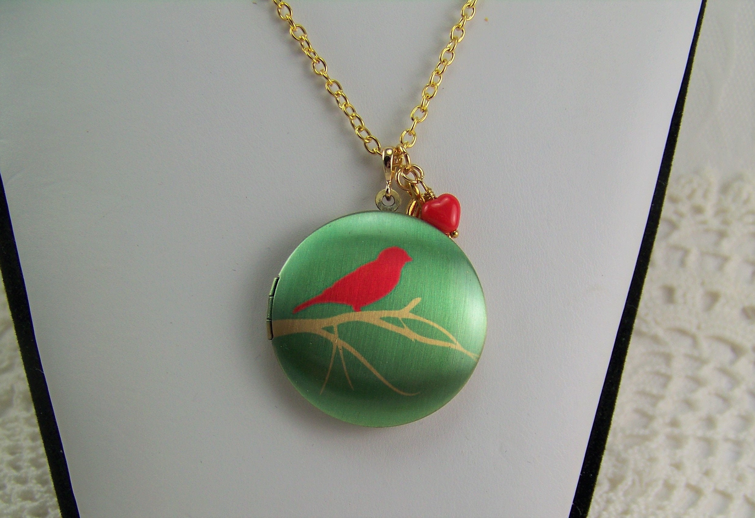 Bird Locket Cardinal Necklace Red Bird Locket Green Locket | Etsy