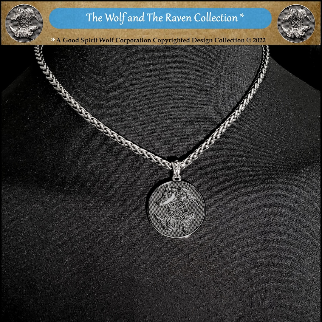 The Wolf and the Raven Medallion on Antique Silver Finish Stainless ...