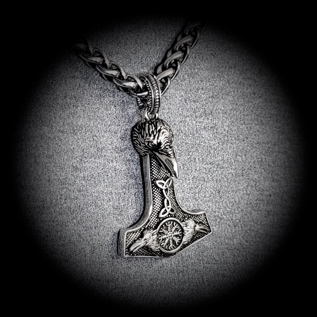 Raven Head Warrior Mjolnir Totem on Thick Antique Viking Braid Chain ...