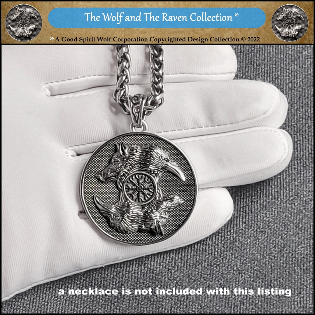 Wolf and Raven Medallion Pendant With Ancient Look Antique Finish ...