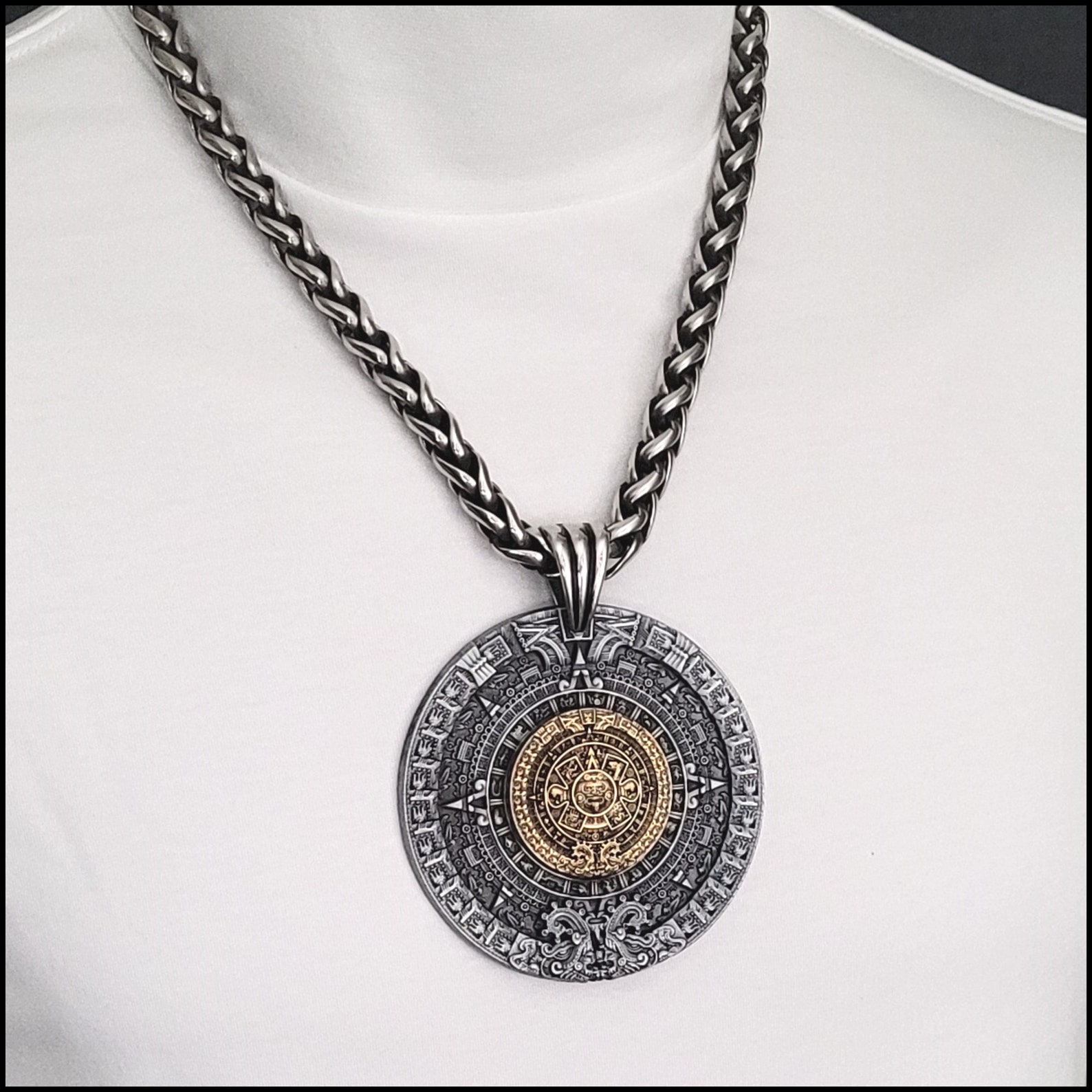 Huge 3" 76mm Aztec Calendar Stone Medallion With Antique Bronze ...