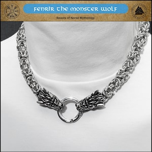 Huge Fenrir Hellhound Wolf Heads on Extra Thick Chainmaille Necklace ...